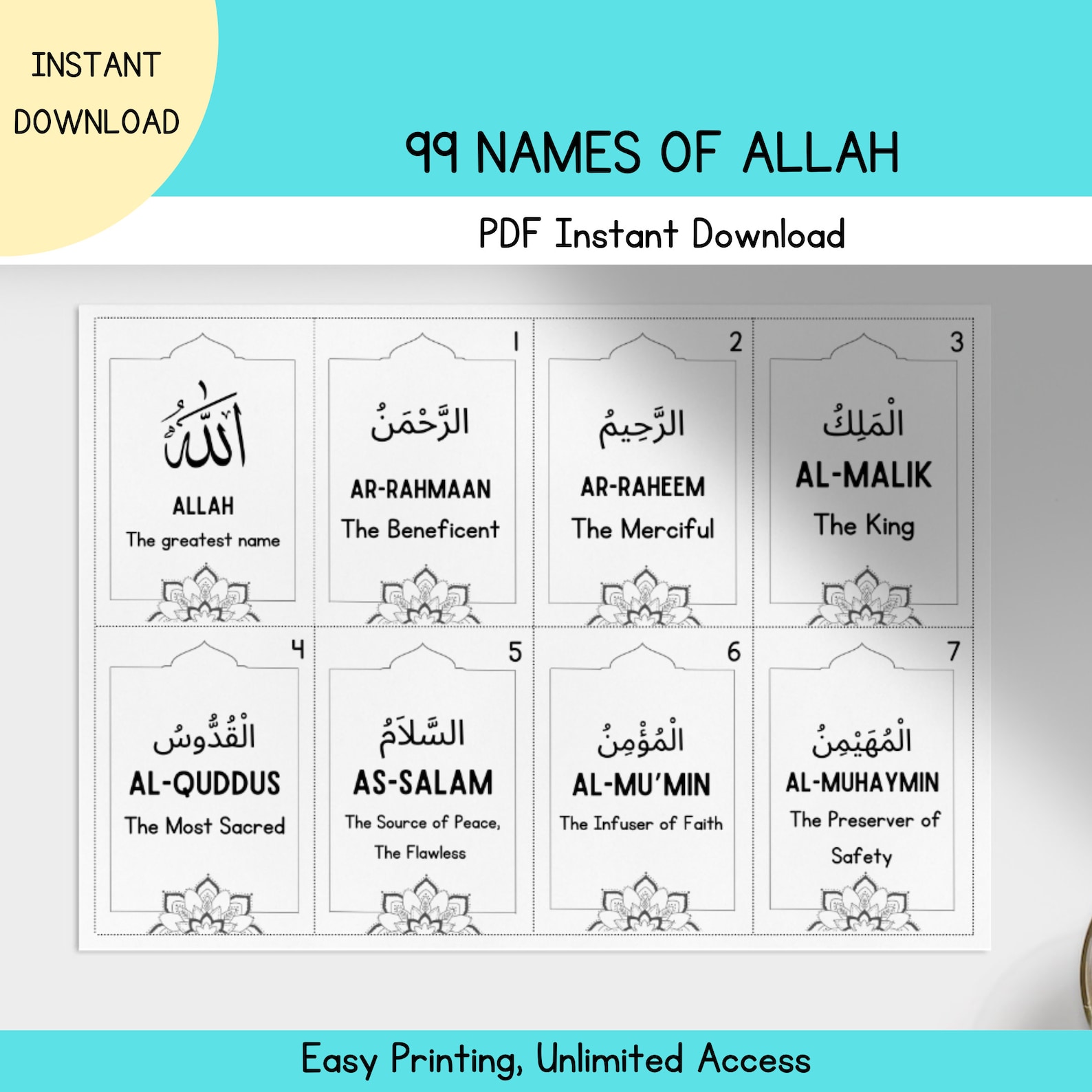 99 Names of Allah Islamic Art Quran Muslim Children Gift Printable ...