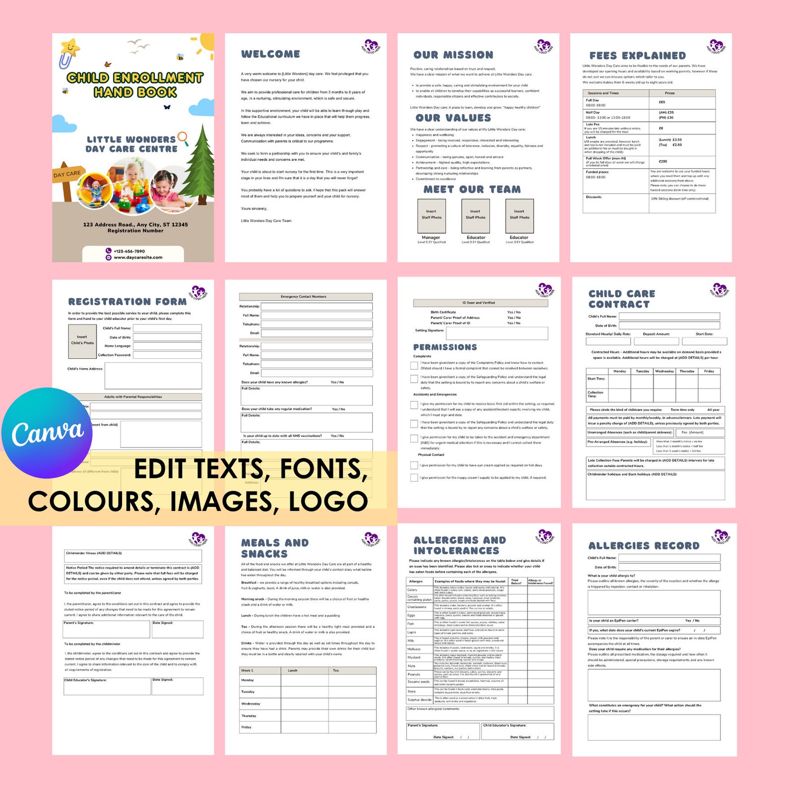 Fully EDITABLE, Day Care New Starter Registration Pack, Enrolment ...
