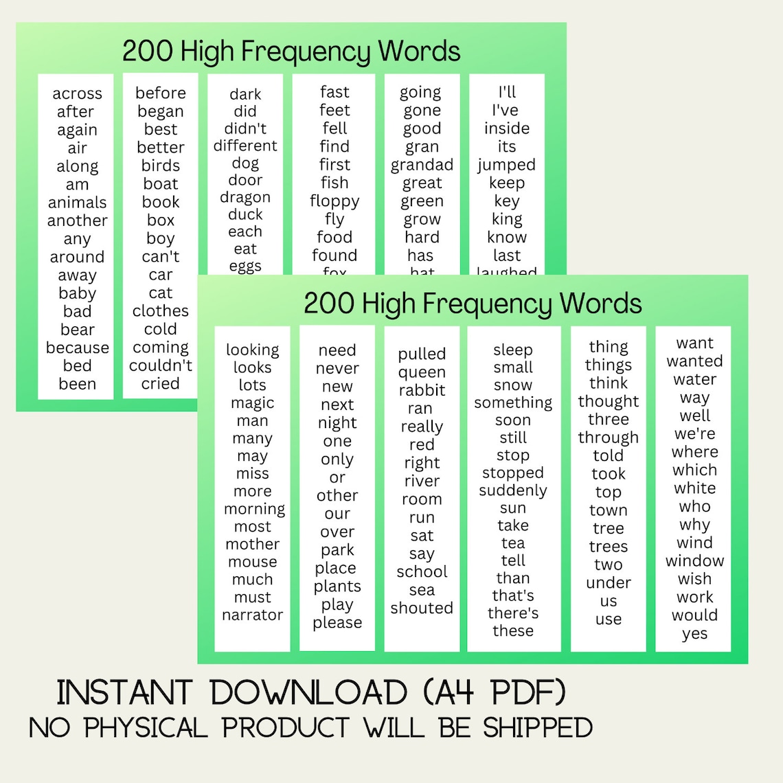 200 High Frequency Words Chart X 2 Children Wipeable Sight Words Common ...
