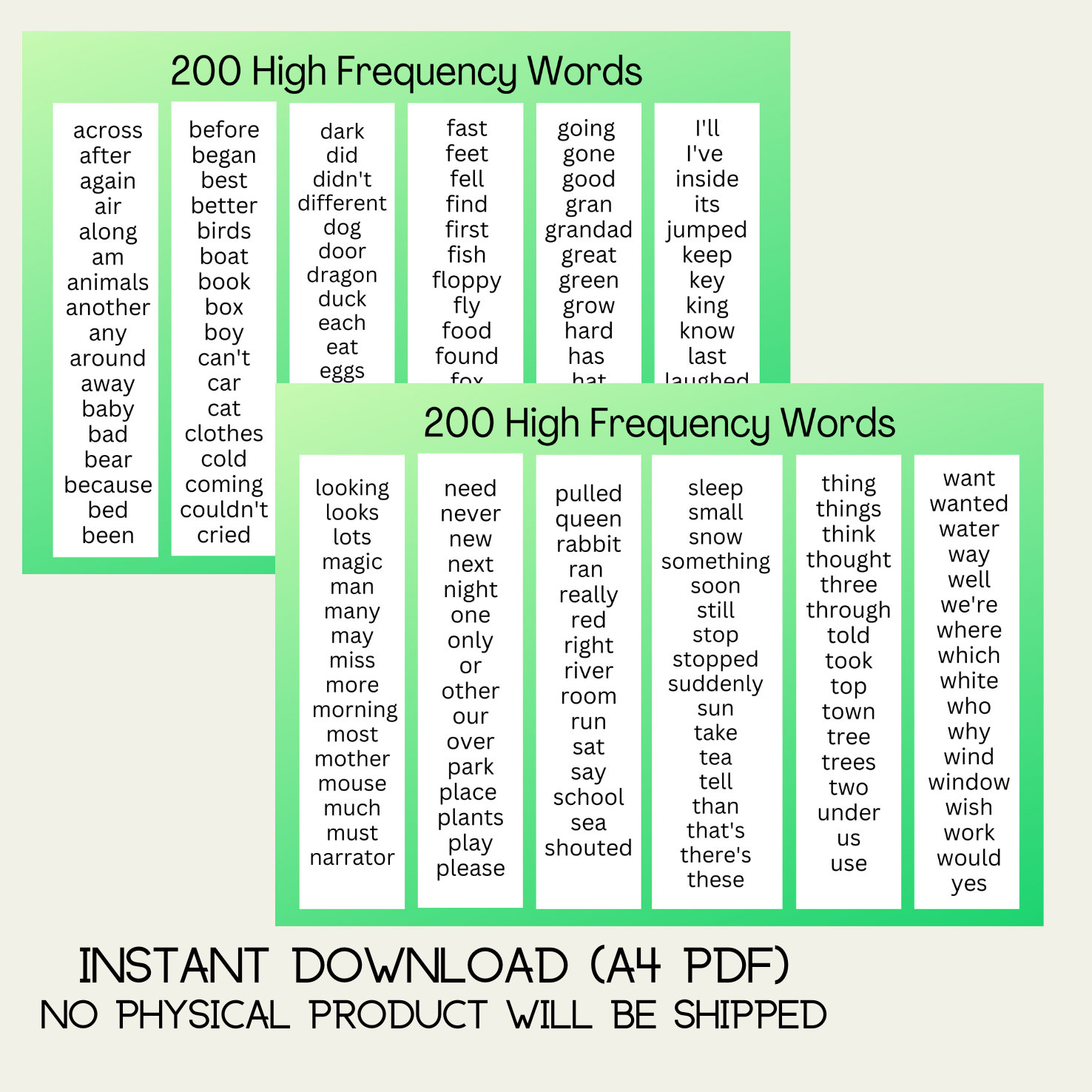 200 High Frequency Words Chart X 2 Children Wipeable Sight Words Common ...