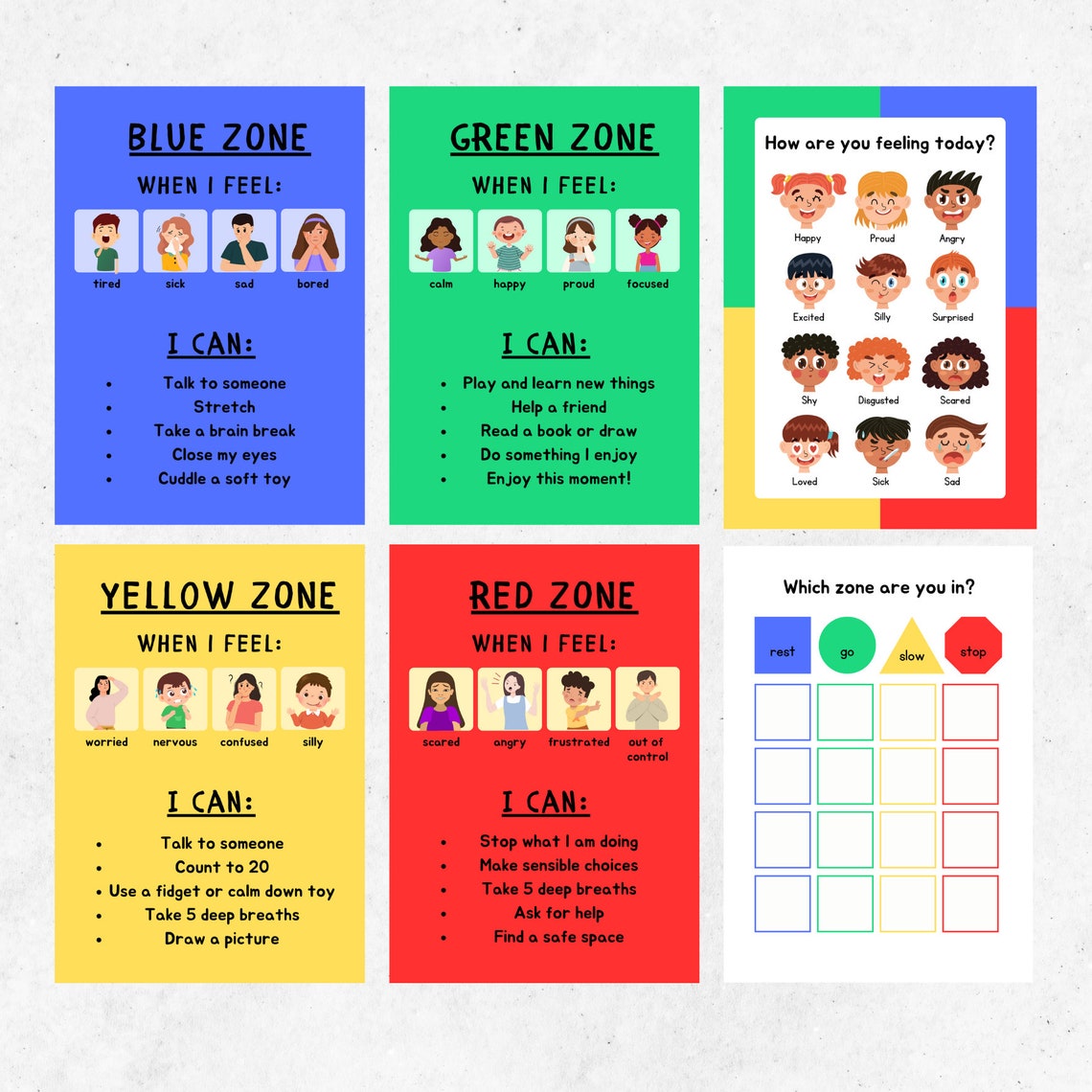 Zones of Regulation Display, Self Regulation Cards, Chart, Printable ...