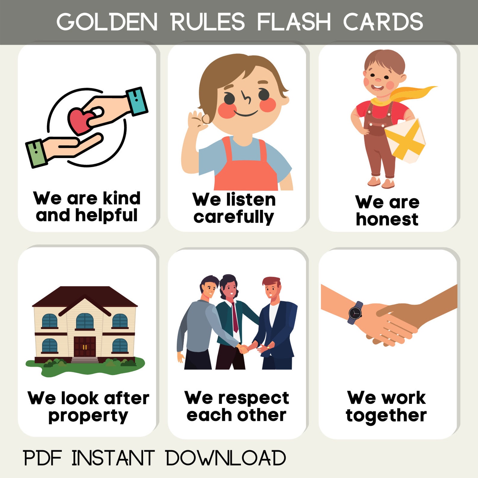 Class Room Golden Rules Home School Flash Cards Children Communication ...