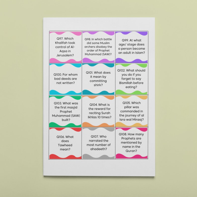 Islamic Trivia Questionnaire Game Printable Cards Islamic General ...
