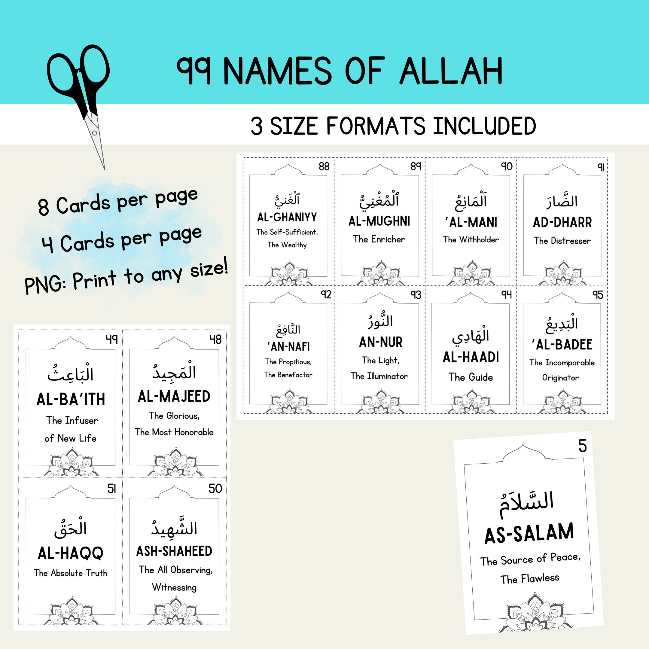 99 Names of Allah Islamic Art Quran Muslim Children Gift Printable ...