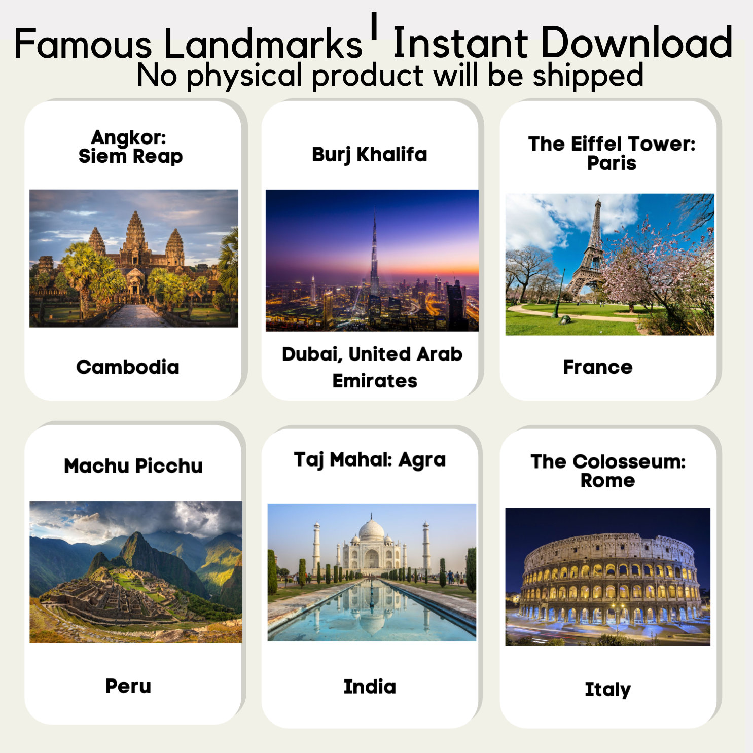 Famous Landmarks Flash Cards World Country Educational Children Digital ...