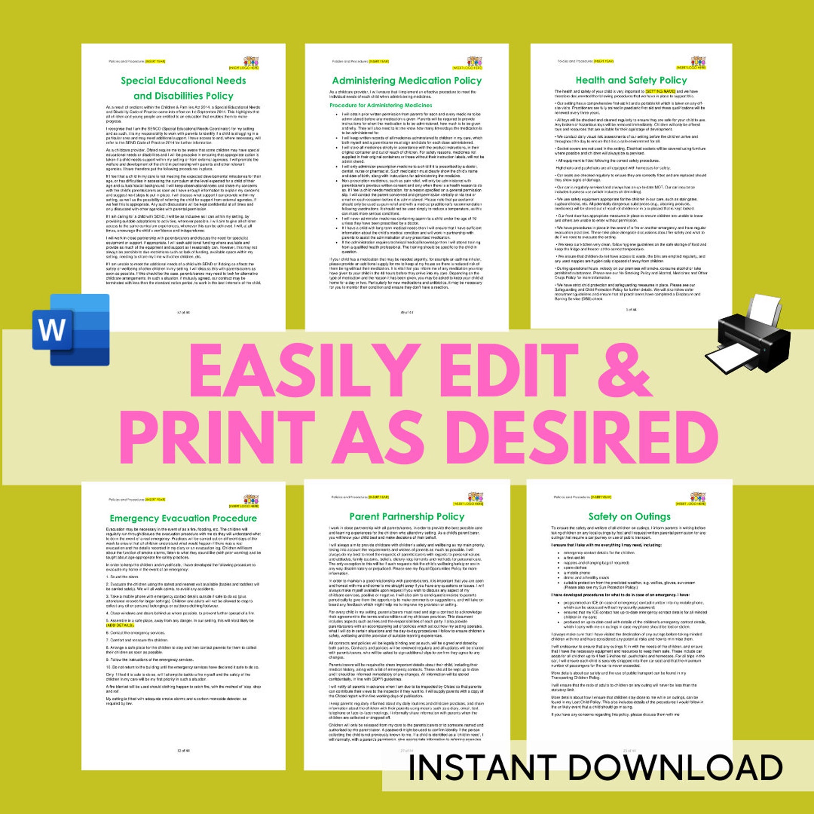 Daycare Parent Handbook Policies and Procedures Childminder Paperwork ...