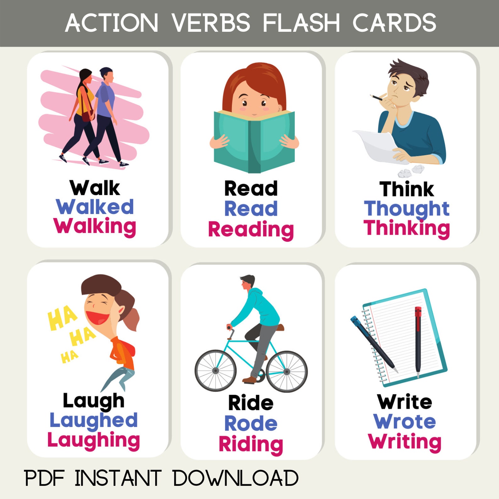Action Verbs Flash Cards Children Preschool Educational Activity Kids ...