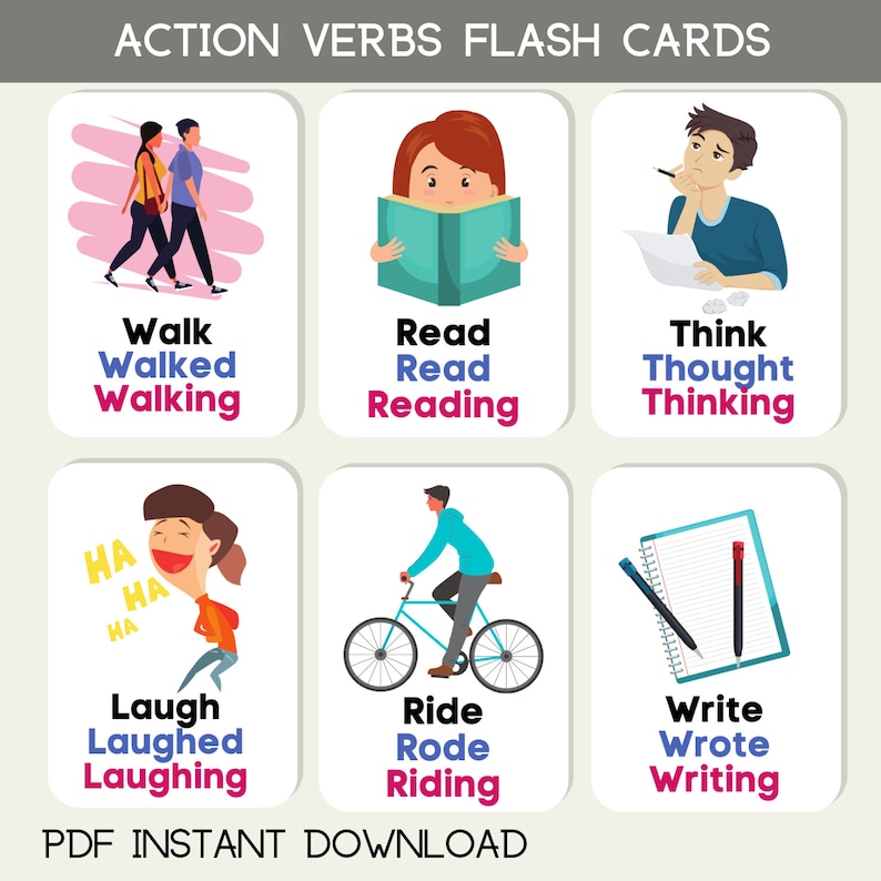 Action Verbs Flash Cards Children Preschool Educational Activity Kids ...