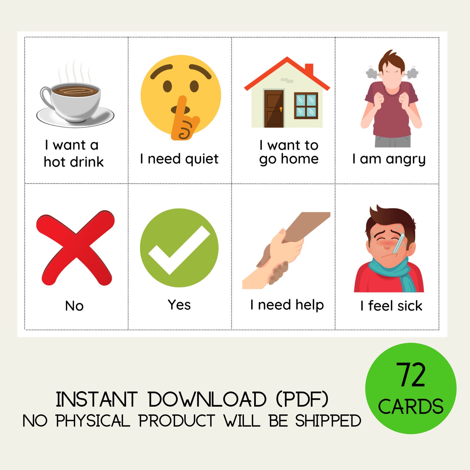 Communication Speech Cards 72 Pack Special Needs Learning Non Verbal ...