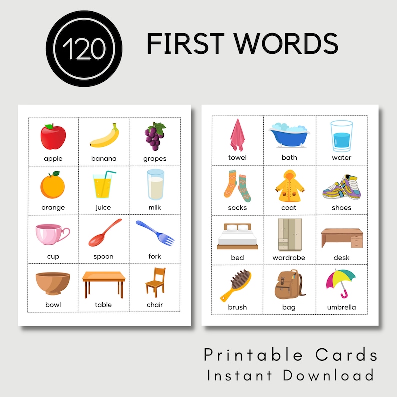 First Words Printable Cards Alphabet Flash Cards Baby Toddler Children ...