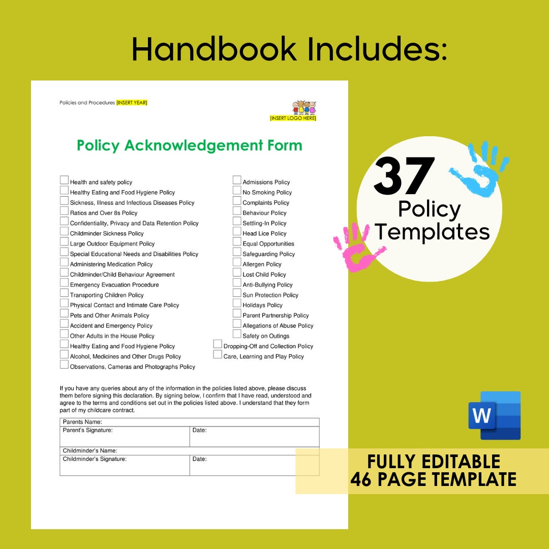 Daycare Parent Handbook Policies and Procedures Childminder Paperwork ...