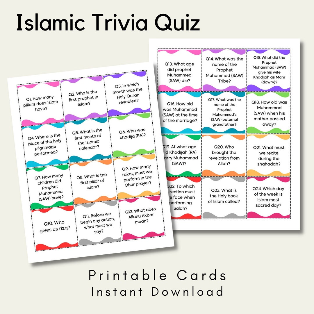 Islamic Trivia Questionnaire Game Printable Cards Islamic General ...