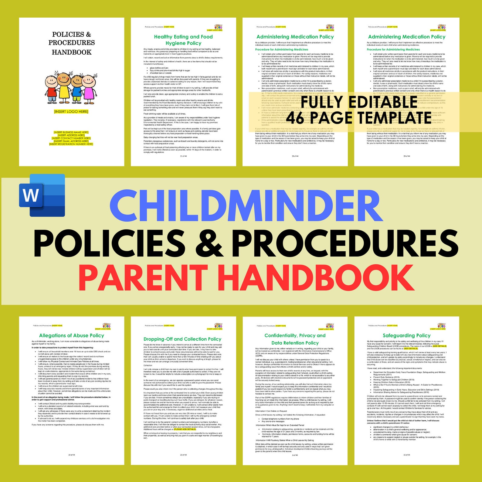 Daycare Parent Handbook Policies and Procedures Childminder Paperwork ...