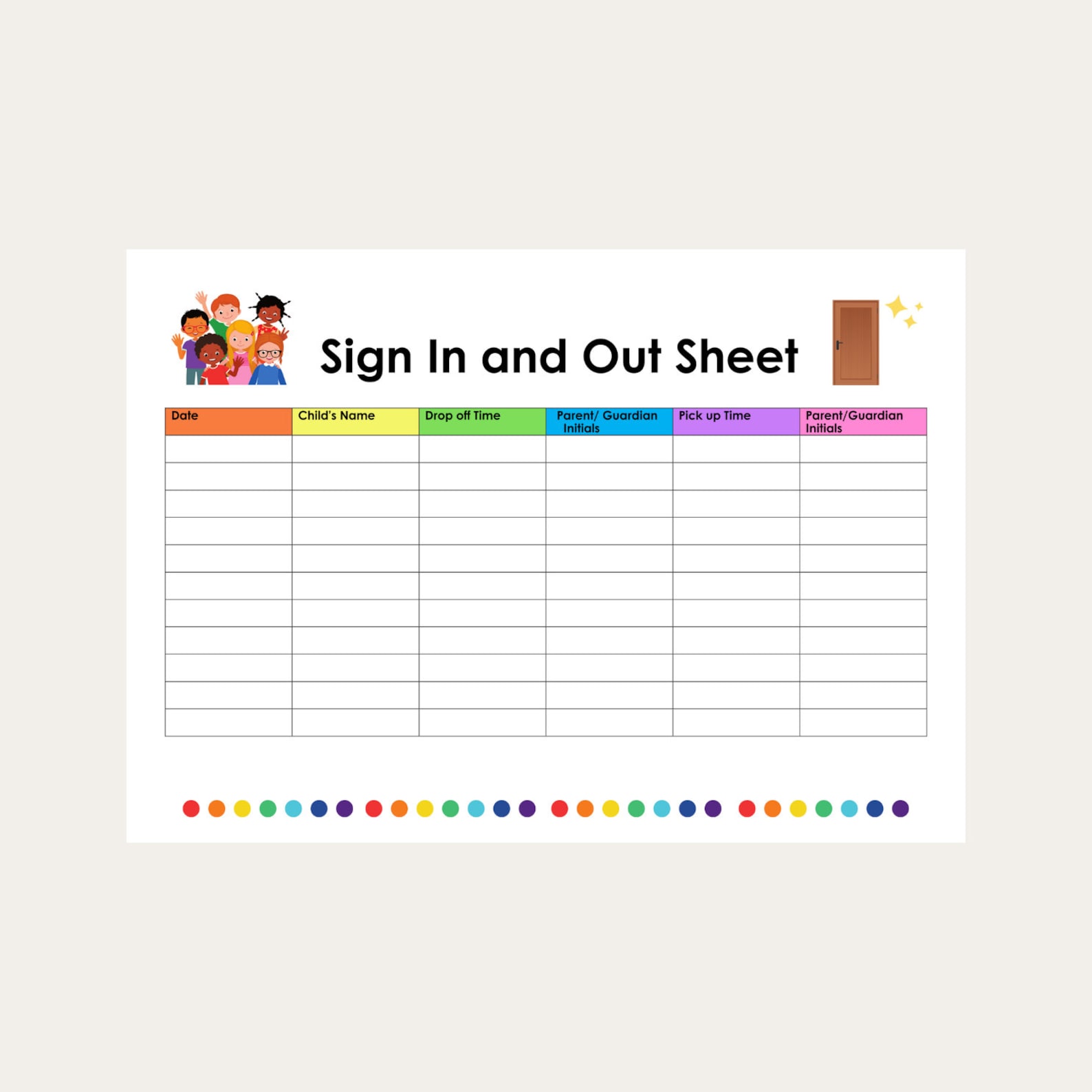 Day Care Sign in Sign Out Sheet, Printable, Nursery, Childcare ...