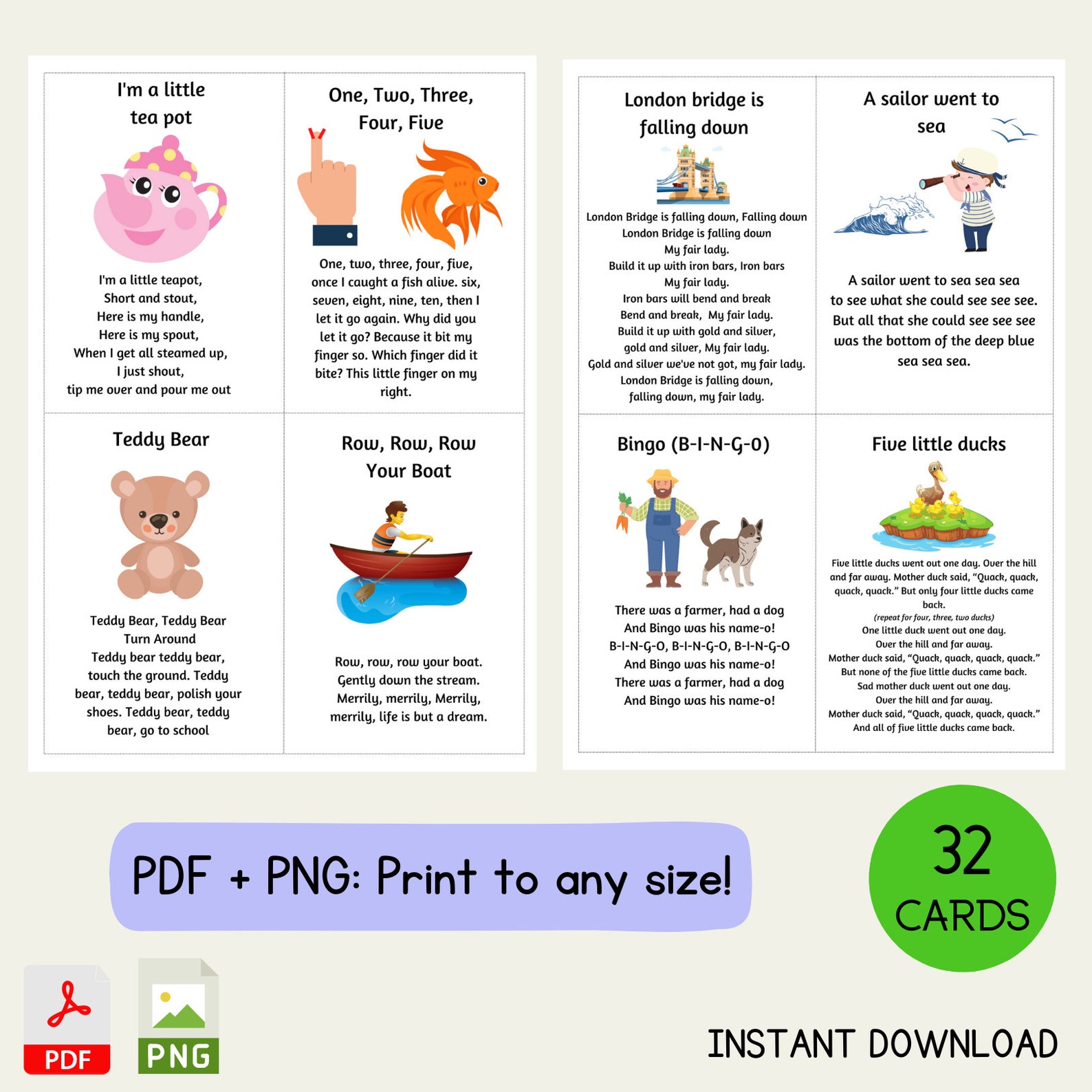 Nursery Rhymes Cards Preschool Learning Children Songs - Etsy