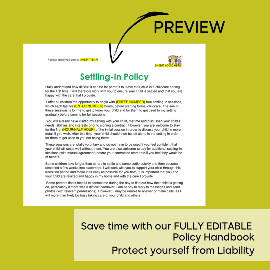Daycare Parent Handbook Policies and Procedures Childminder Paperwork ...
