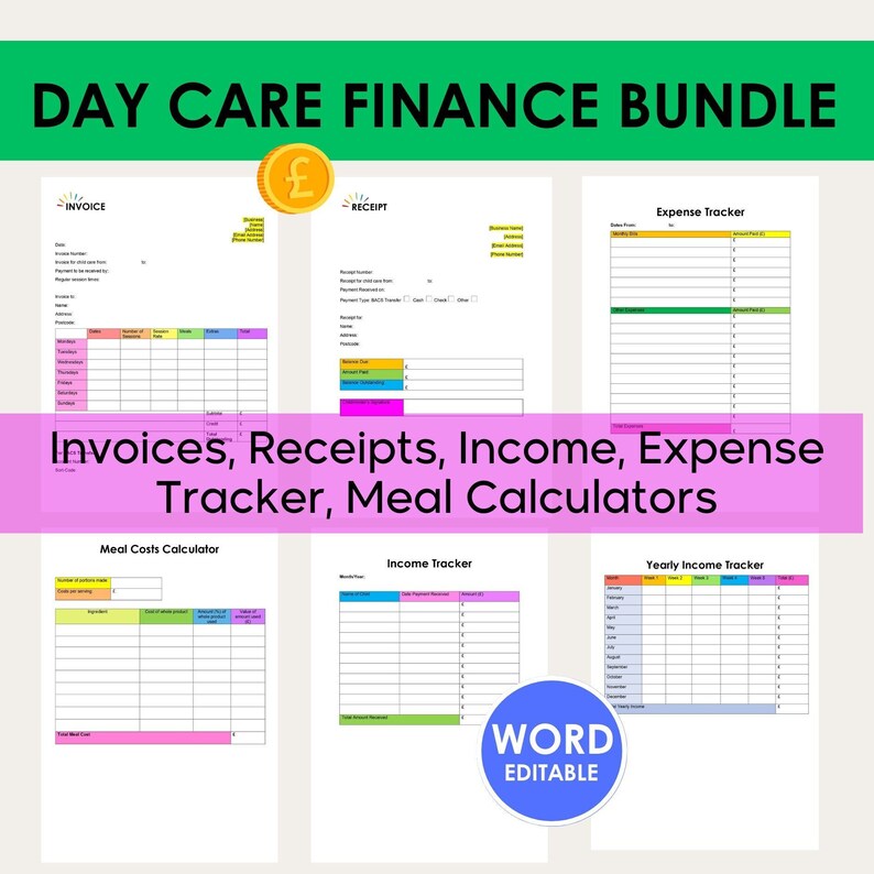 Day Care Finance Bundle, Income Tracker, Receipts, Meal Costs ...
