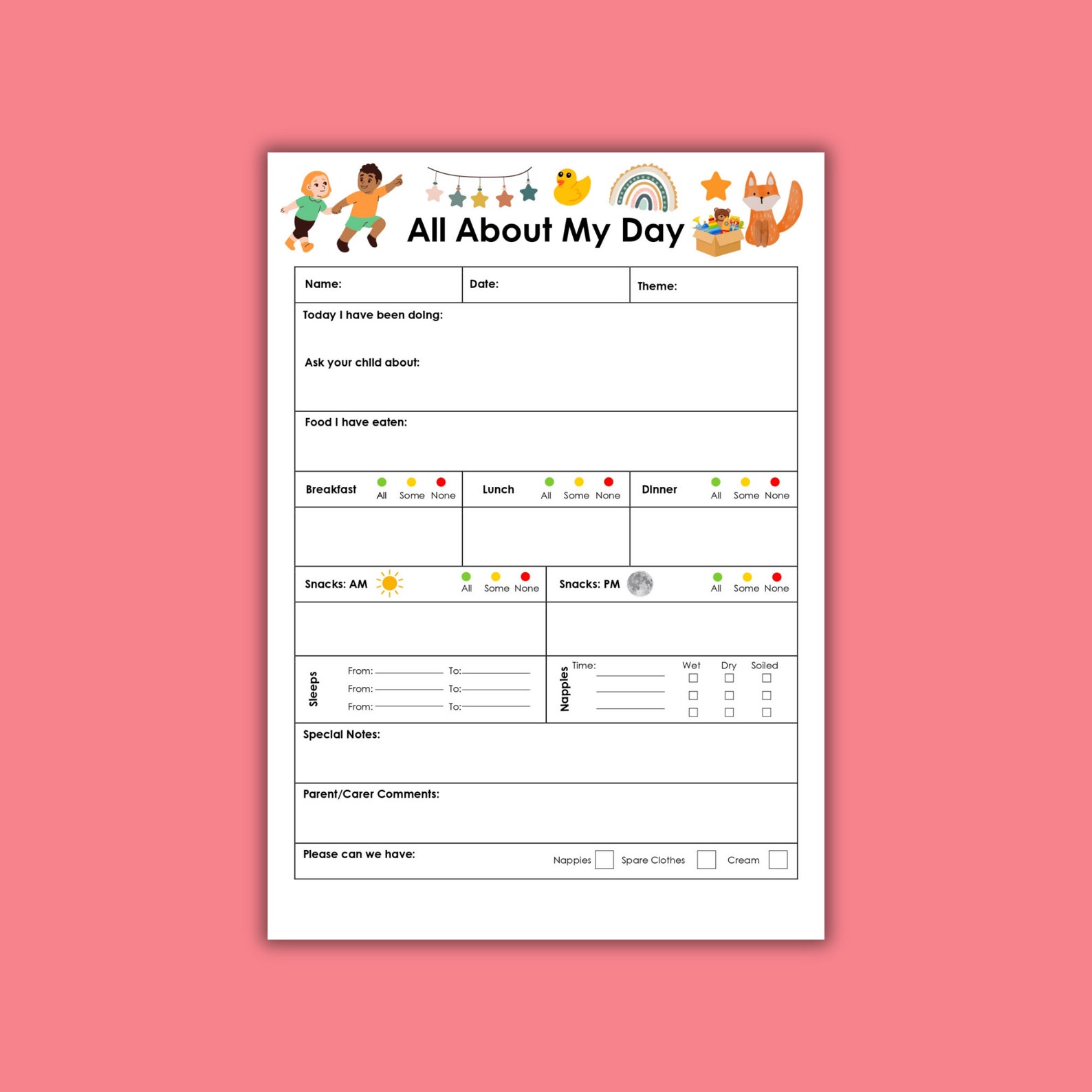 Day Care Daily Report, All About My Day, Parent Feedback, Childminder ...
