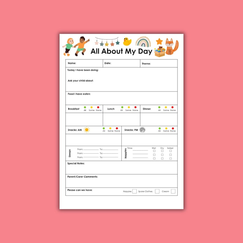 Day Care Daily Report, All About My Day, Parent Feedback, Childminder ...