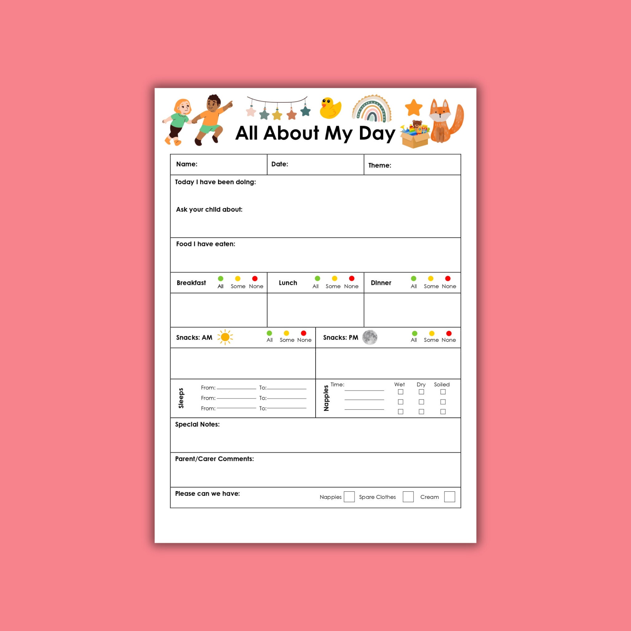Day Care Daily Report, All About My Day, Parent Feedback, Childminder ...