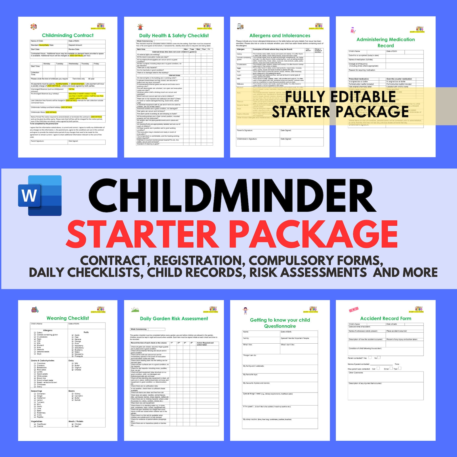 Daycare STARTER PACKAGE Childminder Paperwork, Forms, Risk Assessments ...
