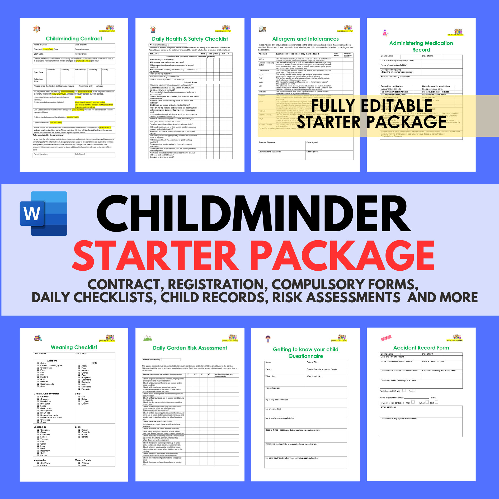 Daycare STARTER PACKAGE Childminder Paperwork, Forms, Risk Assessments ...
