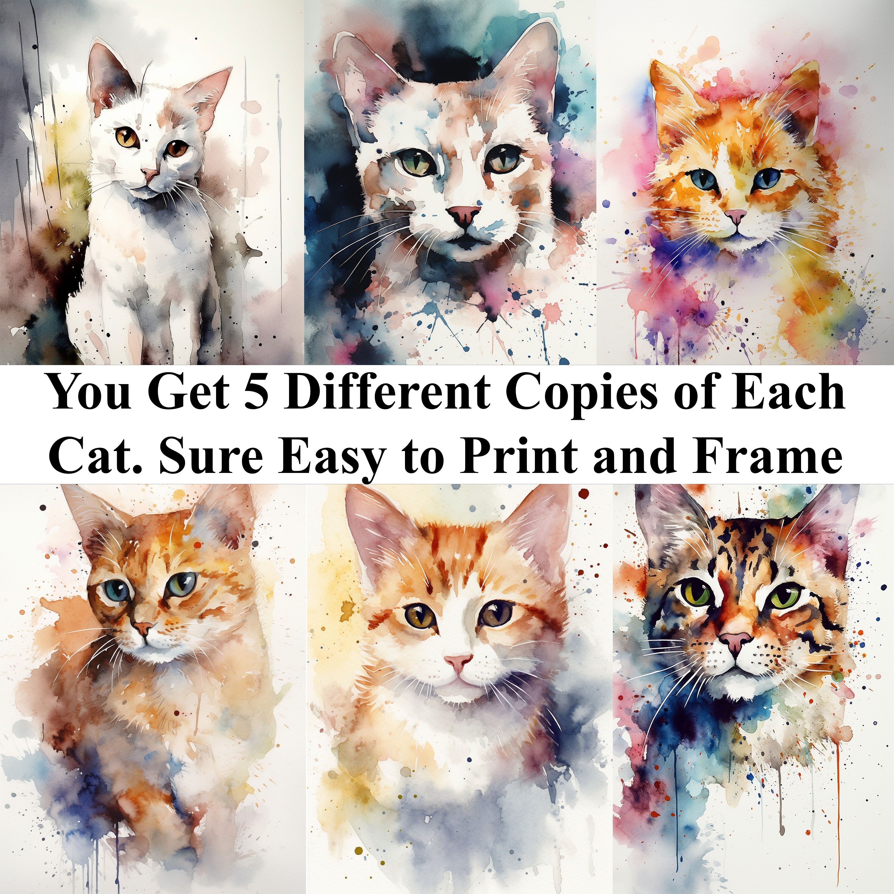Pack of 12 Cute Watercolor Cats, Printable Wall Art, Watercolor Cats ...