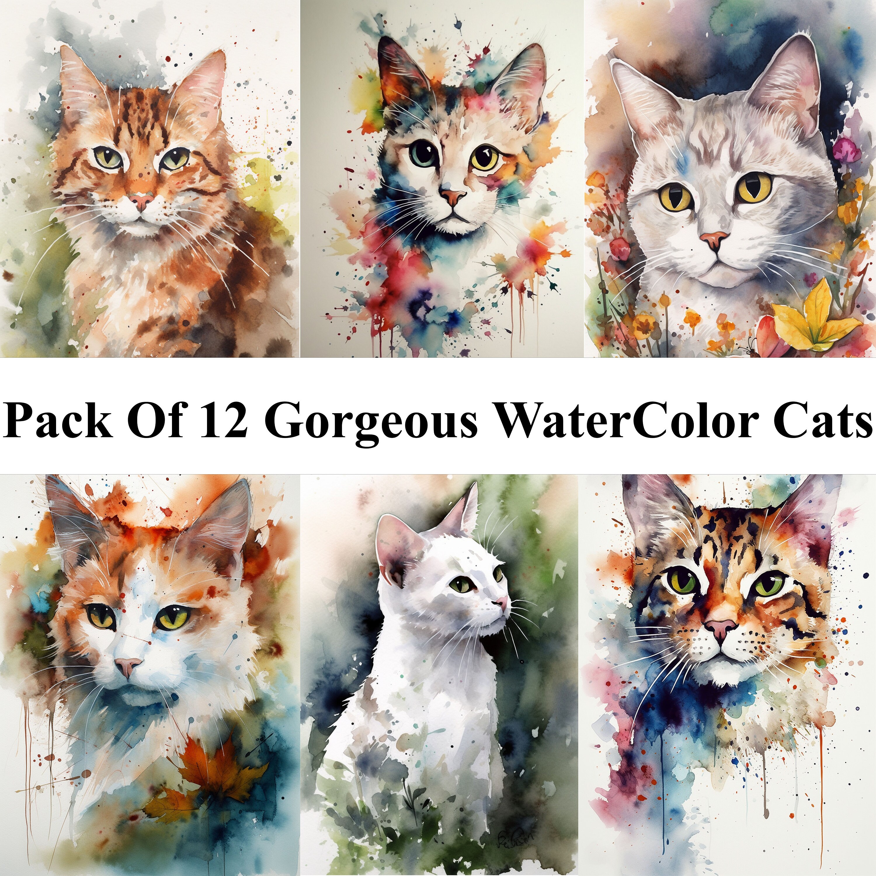 Pack of 12 Cute Watercolor Cats, Printable Wall Art, Watercolor Cats ...