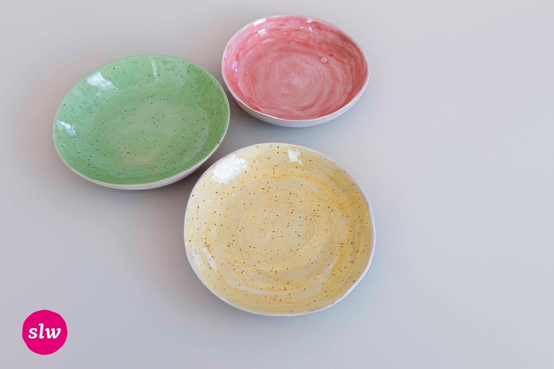 Set of 3 Spaghetti Bowls | Hand-painted | Yellow/pink/green - Etsy