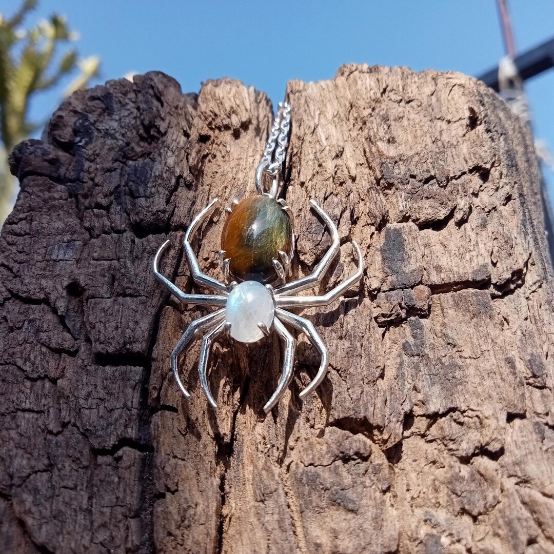 Gothic Spider Necklace With Moonstone and Tiger Eye Gemstone, Insect ...