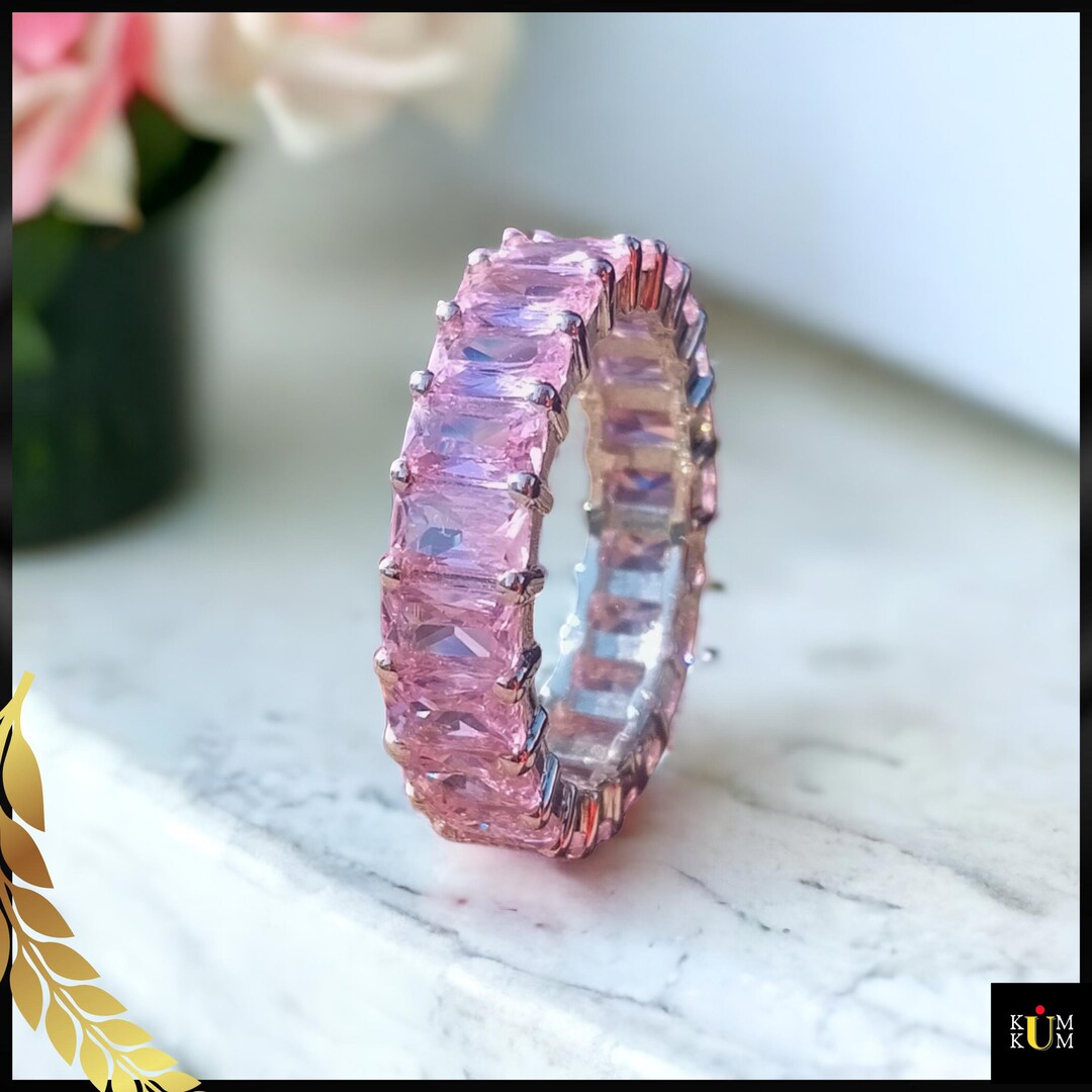 Pink Sapphire Eternity Ring, Radiant Cut Engagement Band, Pink Sapphire ...