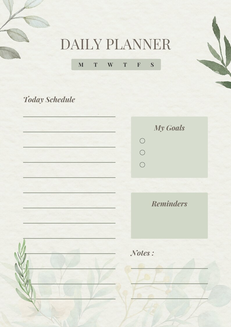 Mint Green Leaf Watercolor Daily Planner - Etsy