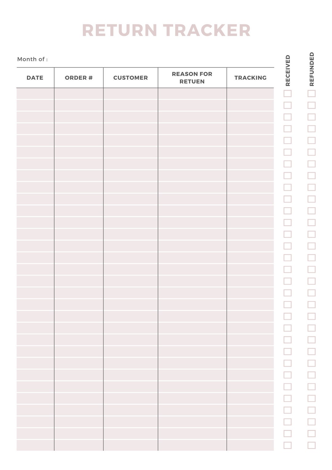 Minimal Product Order Return Tracker Sheet - Etsy