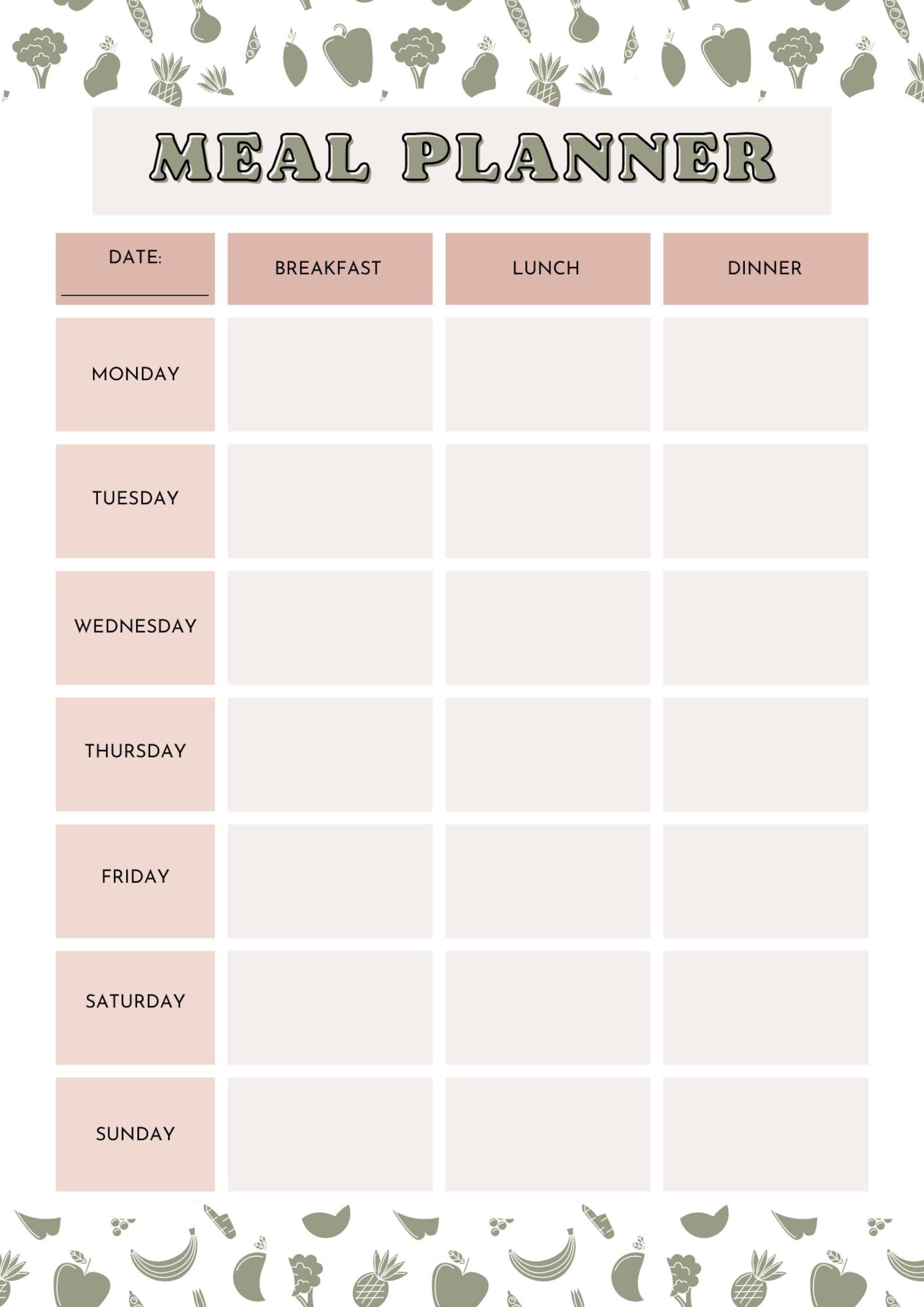 Pink With Green Frame of Fruits Weekly Meal Planner - Etsy
