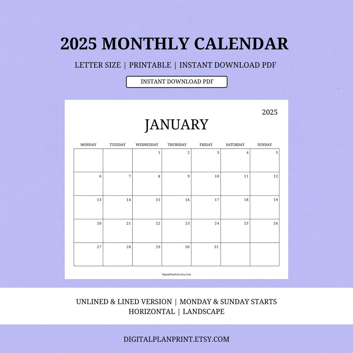 2025 Monthly Calendar,printable,minimalist Style -black Color Design ...