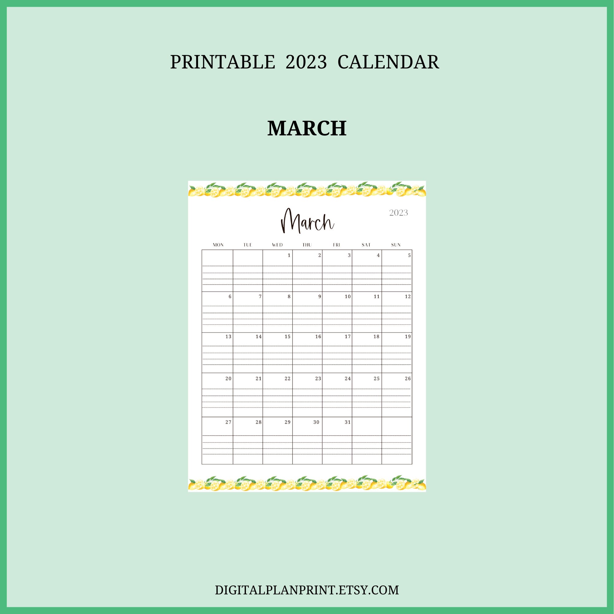 2023 Monthly Calendar, Printable , Lemon Pattern ,PDF, Letter Size /A4 ...