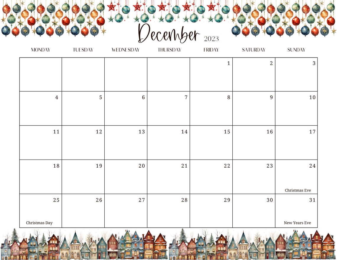 Printable December Calendar 2023, Christmas Calendar, Holiday Calendar ...