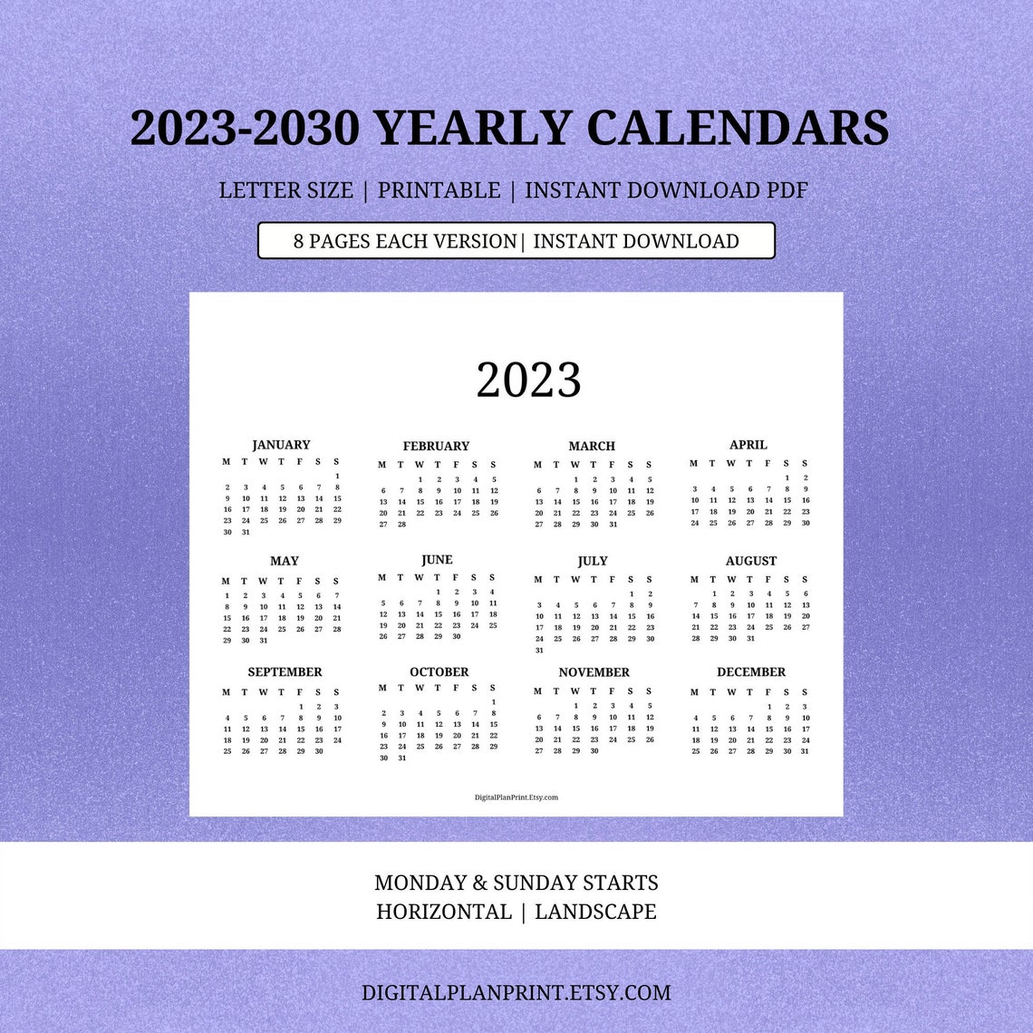 2023-2030 Year Calendars ,printable, Yearly Calendar, Black Color, One ...