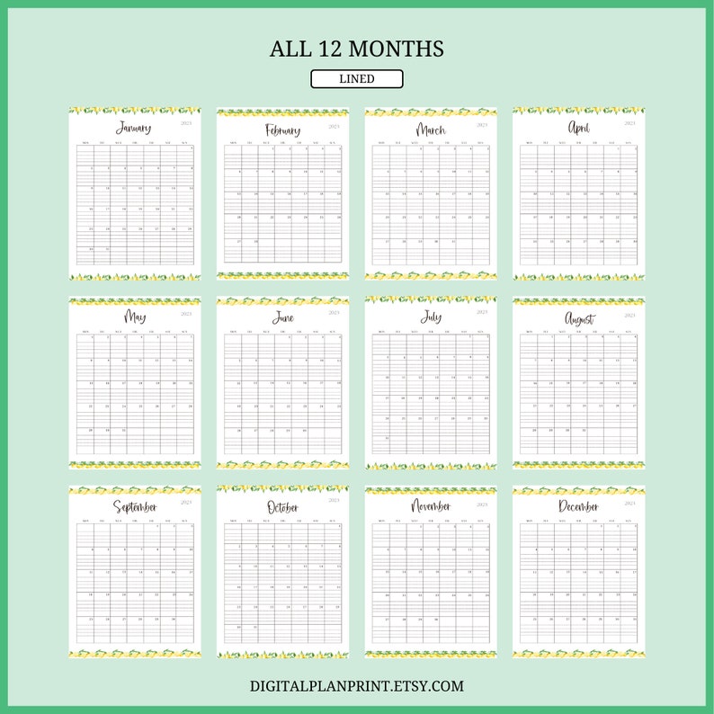 2023 Monthly Calendar, Printable , Lemon Pattern ,PDF, Letter Size /A4 ...