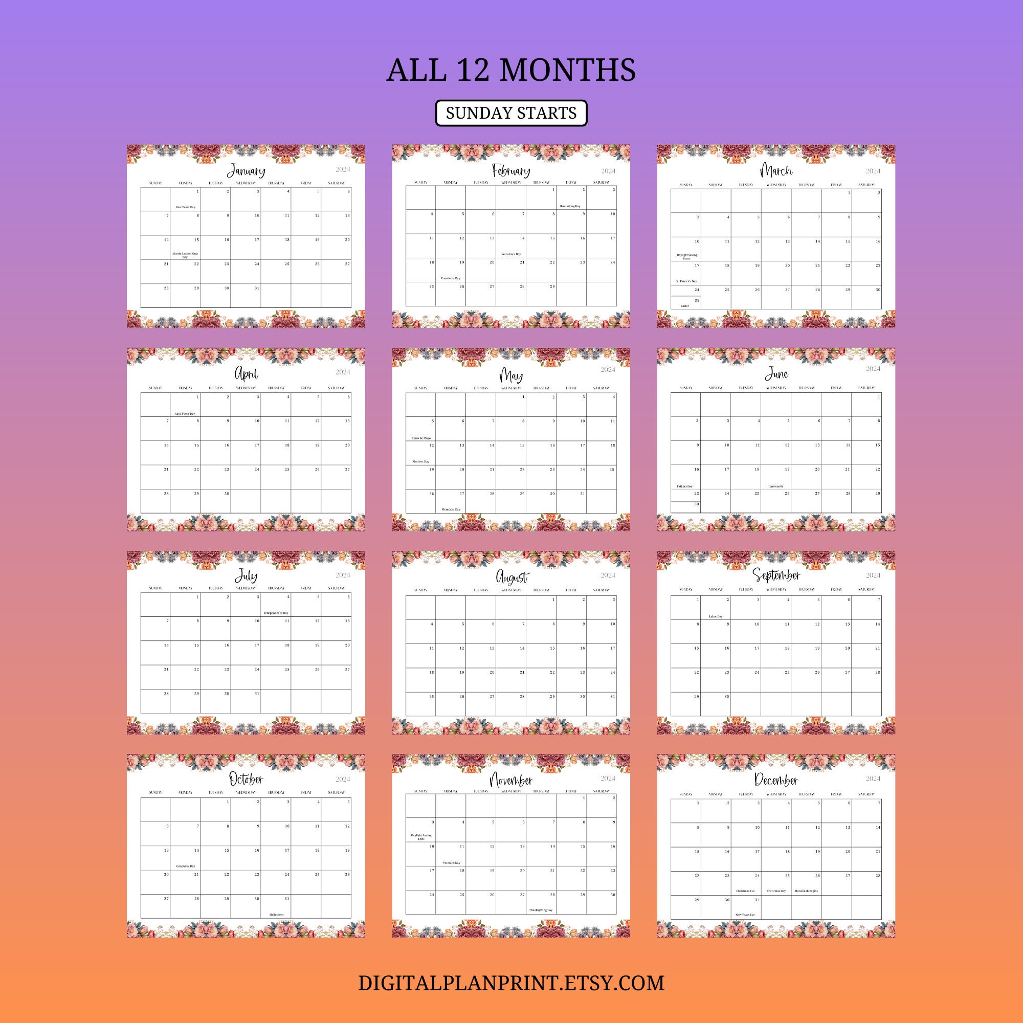 2024 Monthly Calendar With Holidays,printable,floral Design,pdf ...