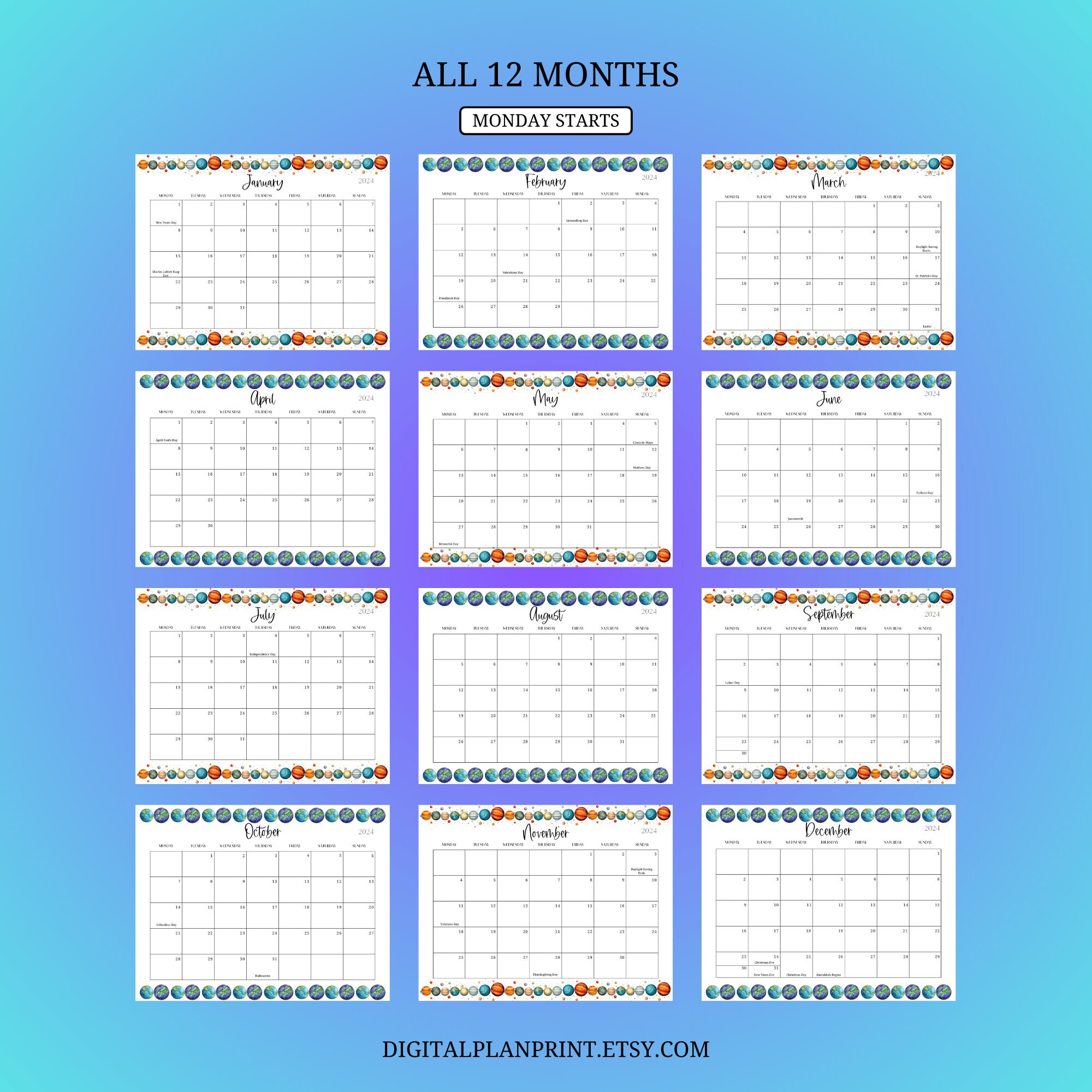 2024 Monthly Calendar With Holidays,printable,planets Design,pdf ...