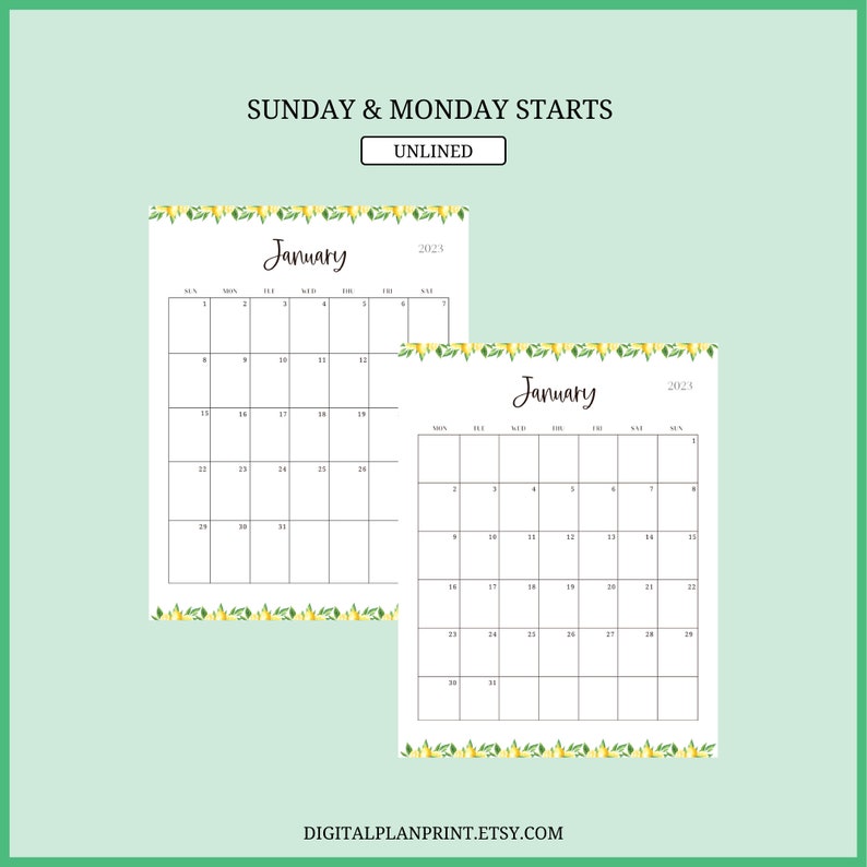 2023 Monthly Calendar, Printable , Lemon Pattern ,PDF, Letter Size /A4 ...