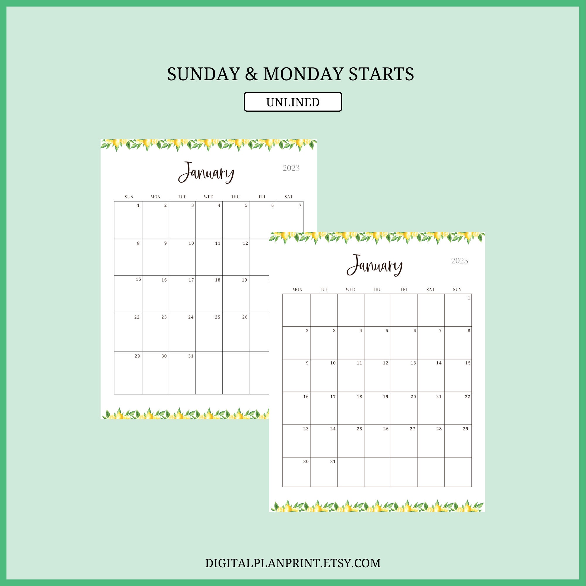 2023 Monthly Calendar, Printable , Lemon Pattern ,PDF, Letter Size /A4 ...