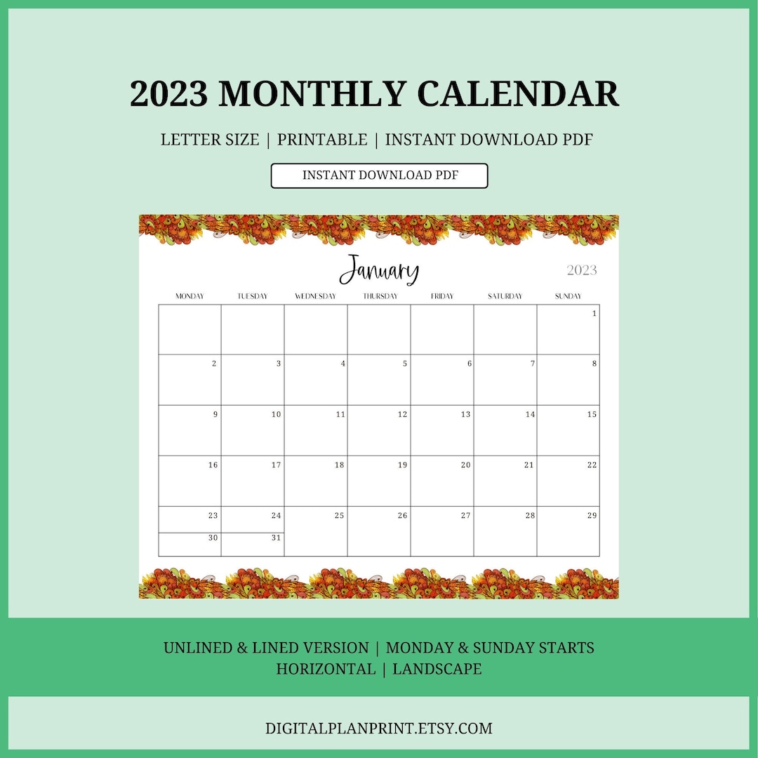 2023 Monthly Calendar,printable, Seamless Pattern Design,pdf,horizontal ...