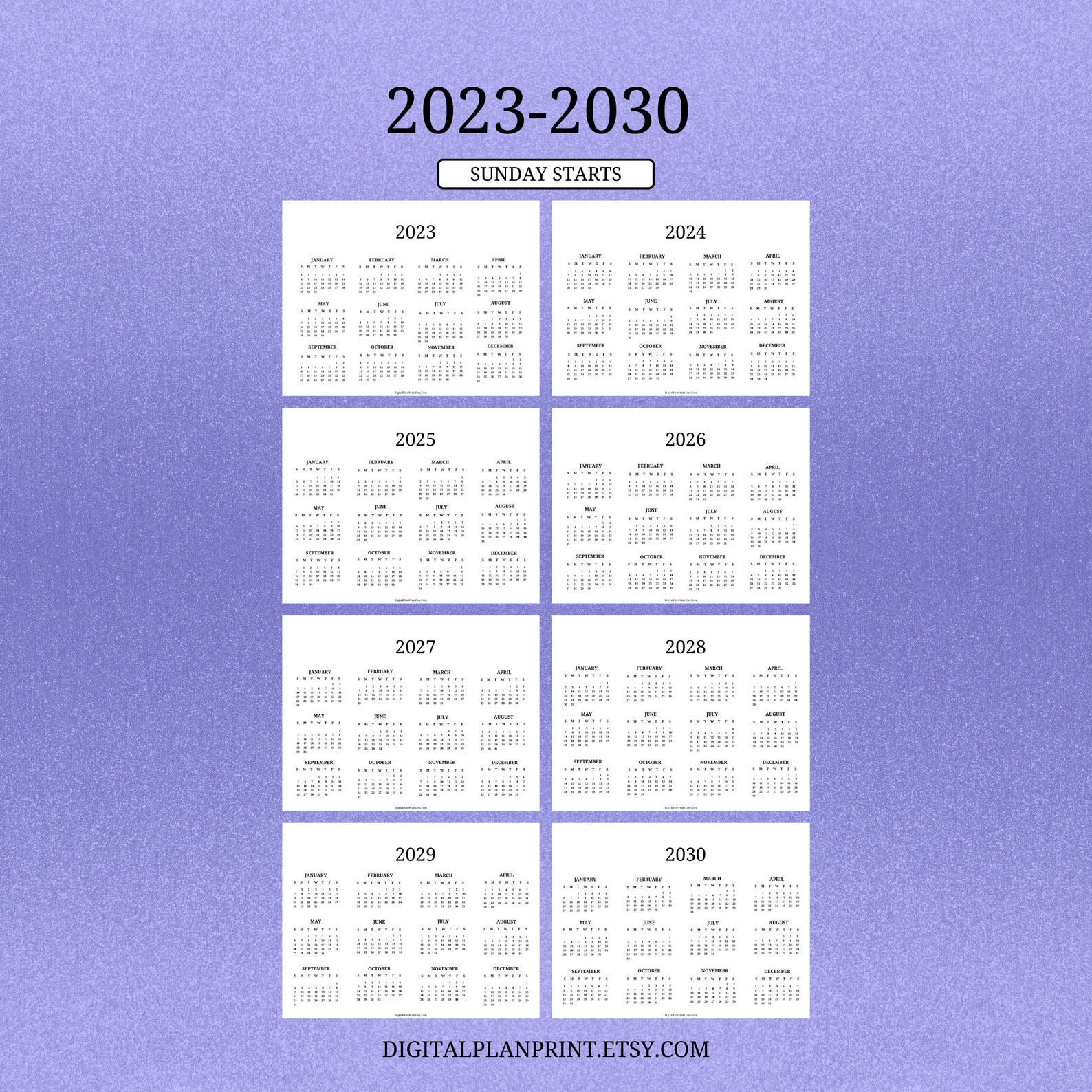 2023-2030 Year Calendars ,printable, Yearly Calendar, Black Color, One ...