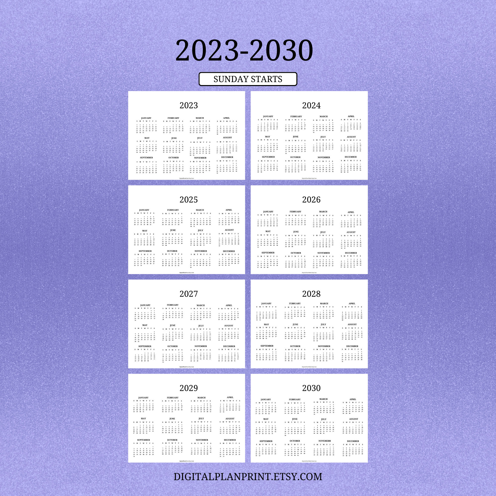 2023-2030 Year Calendars ,printable, Yearly Calendar, Black Color, One ...