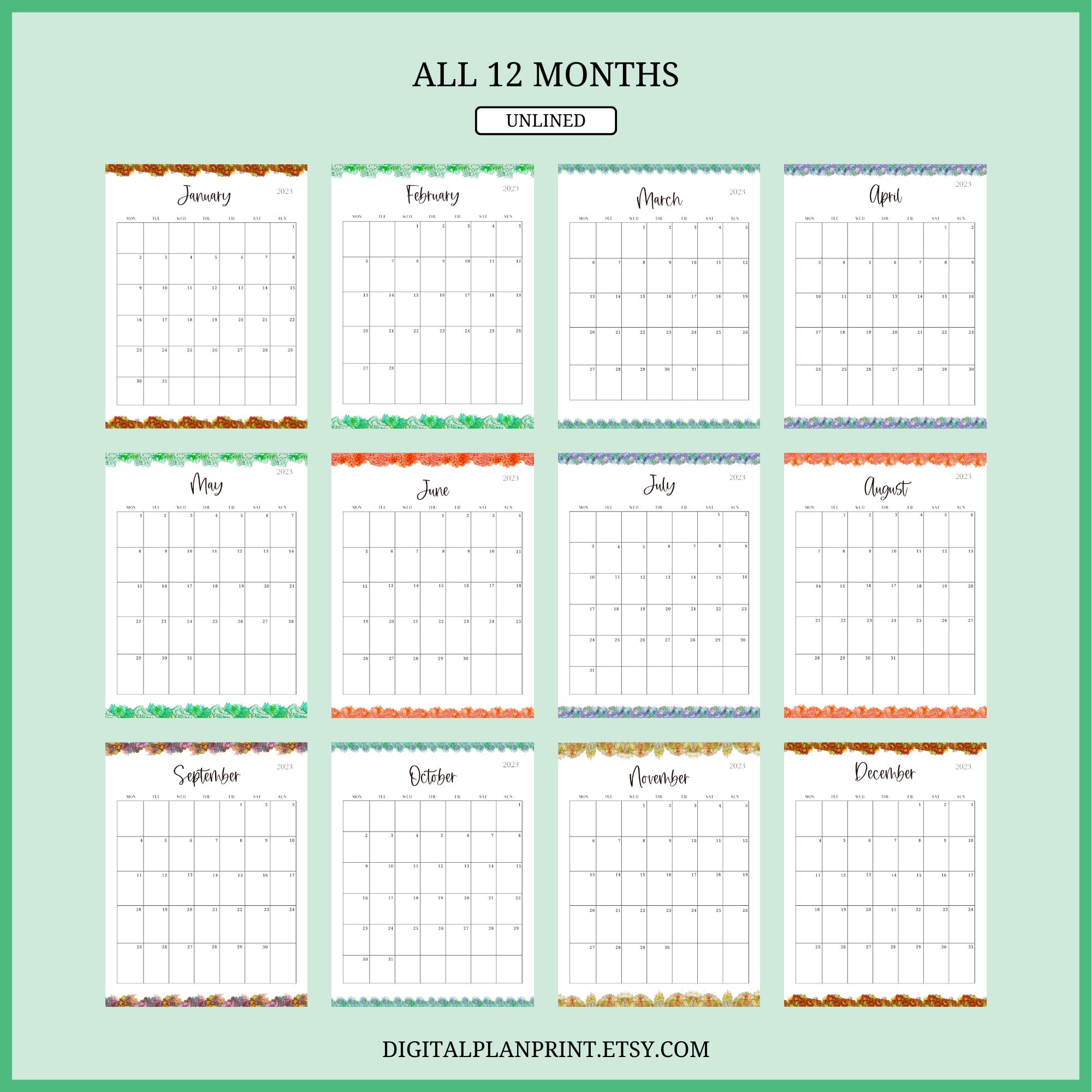 2023 Monthly Calendar, Printable , Seamless Pattern ,PDF, Letter Size ...