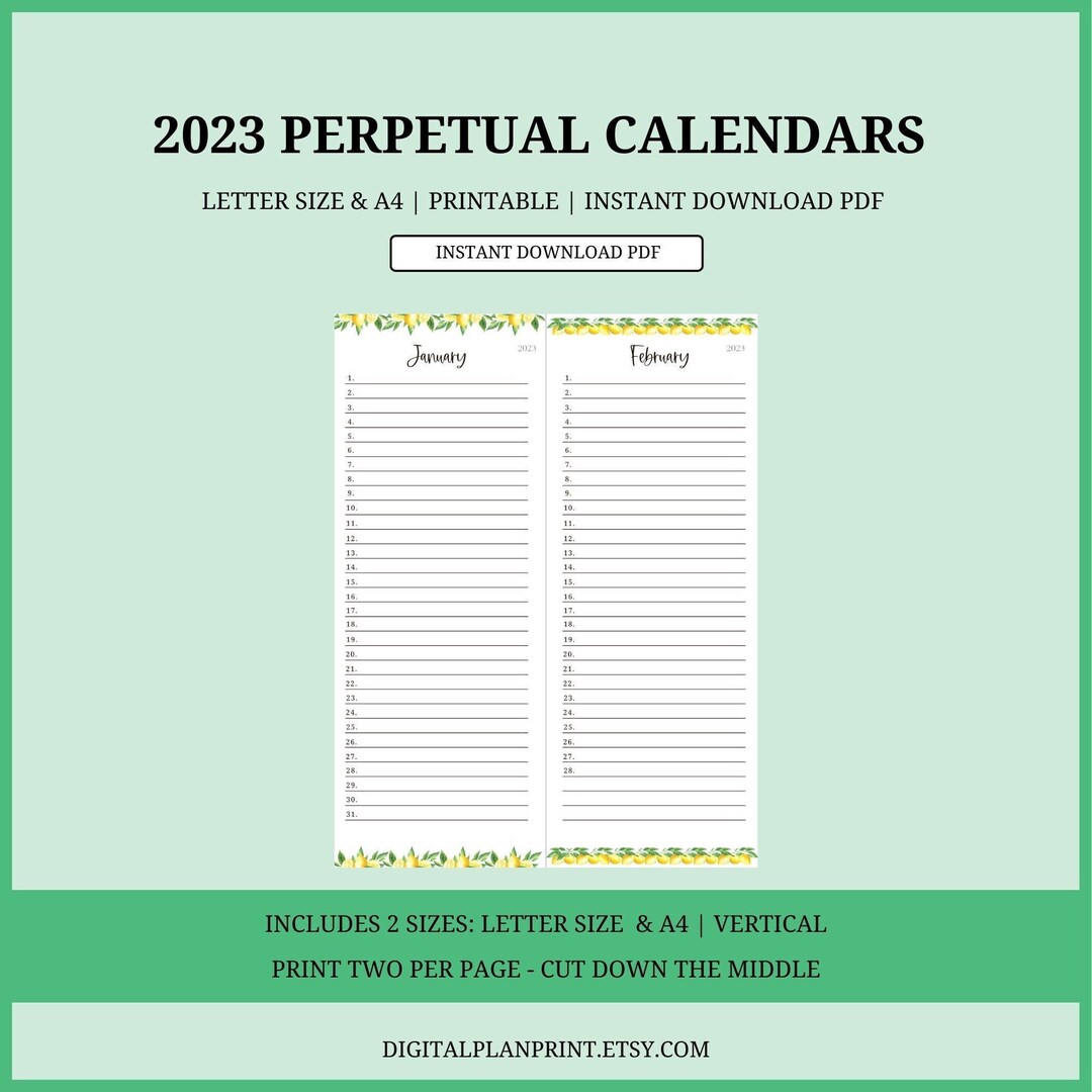 2023 Perpetual Calendar, Printable ,lemon Pattern Design ,PDF, Letter ...