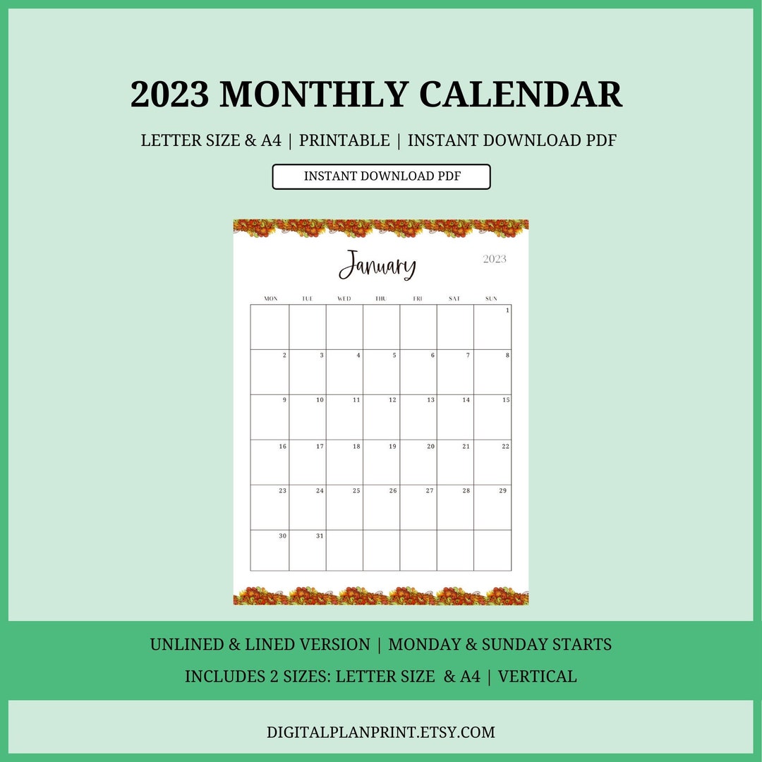 2023 Monthly Calendar, Printable , Seamless Pattern ,PDF, Letter Size ...