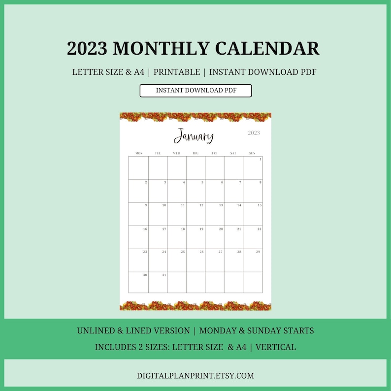 2023 Monthly Calendar, Printable , Seamless Pattern ,PDF, Letter Size ...